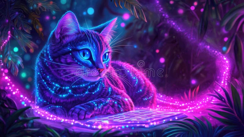 Neon Cat with Glowing Patterns Relaxing in Mystical Jungle Stock Photo ...