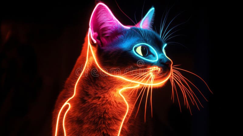 Neon Cat Portrait in Dark Background Stock Illustration - Illustration ...