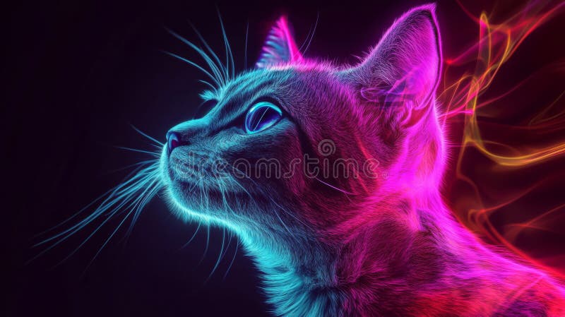 Neon Cat Profile, Glowing Pink and Blue Abstract Art Stock Illustration ...