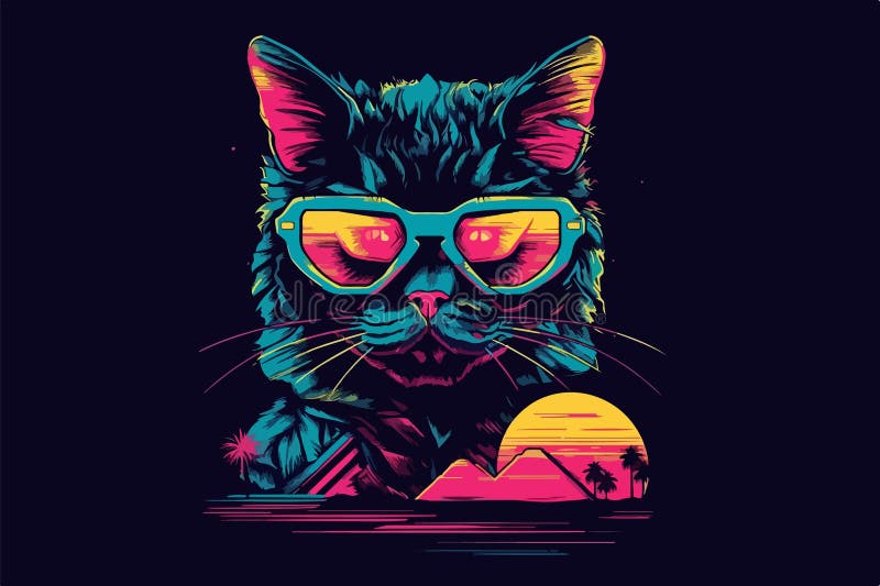 Neon Cat, 80s Style Vector Illustration Stock Vector - Illustration of ...