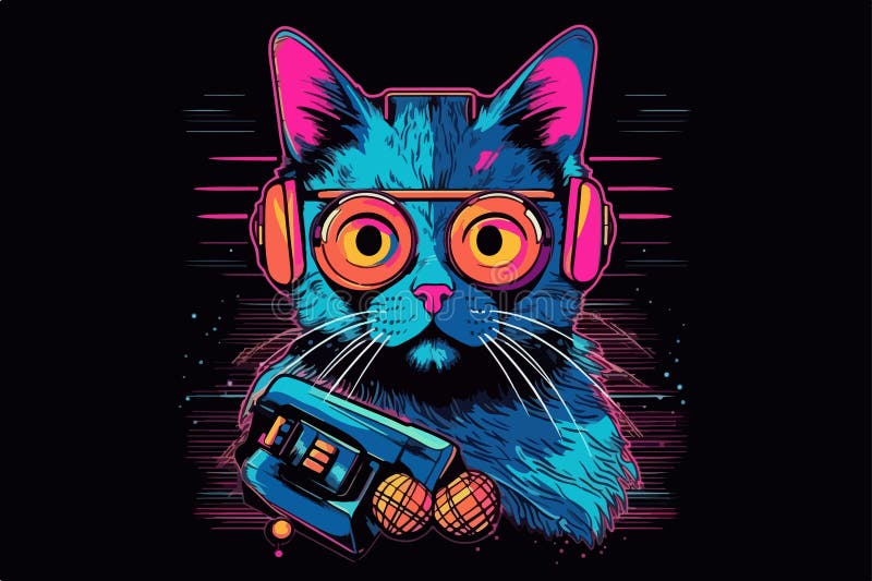 Neon Cat, 80s Style Vector Illustration Stock Vector - Illustration of ...