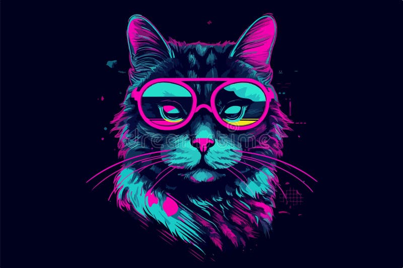 Neon Cat, 80s Style Vector Illustration Stock Vector - Illustration of ...