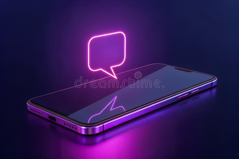 Neon Chat Bubble Above Smartphone Screen on a Dark Surface, Modern Smartphone with a Neon Speech ...