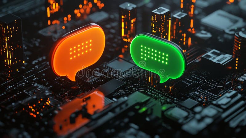 Neon Chat Bubbles on Circuit Board Representing Digital Communication ...