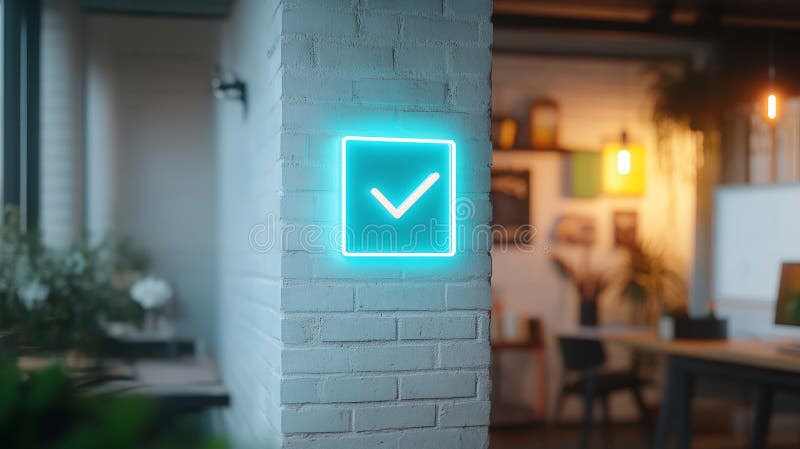 Neon Check Mark on a Brick Wall in a Modern Office Stock Photo - Image ...