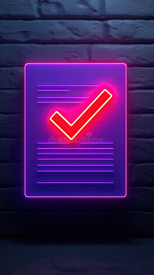 Neon Check Mark Icon on Glowing Legal Document with Vibrant Colors ...