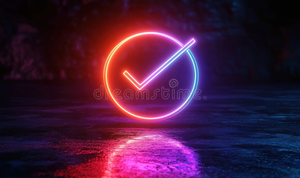 Neon Check Mark Symbol Glowing in Dark Environment with Reflective ...