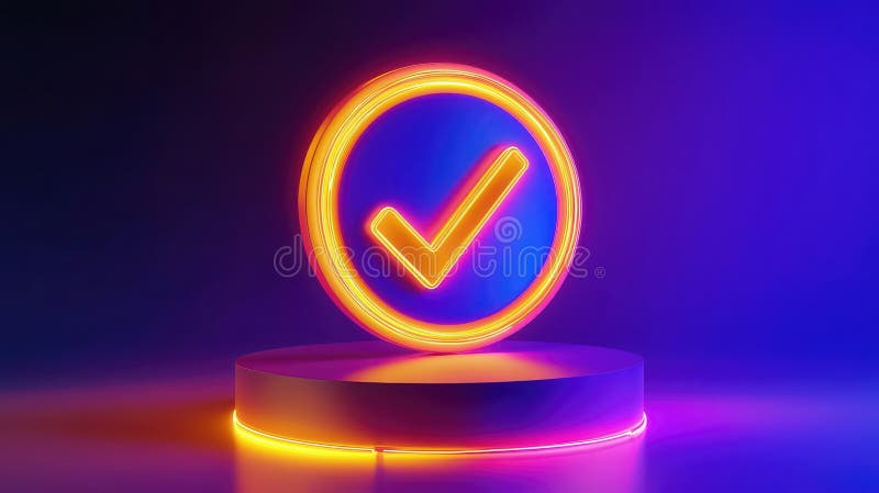 Neon Check Mark Symbol Glowing on a Podium in a Dark Studio Stock ...