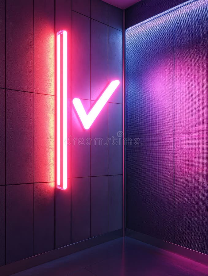 Neon Check Mark on a Wall with Purple and Pink Lighting Stock Image ...