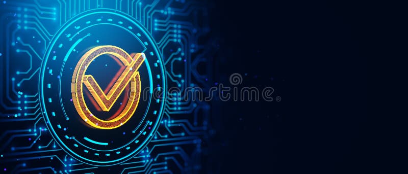 Neon Checkmark Symbol with Digital Circuit Background. 3D Rendering ...