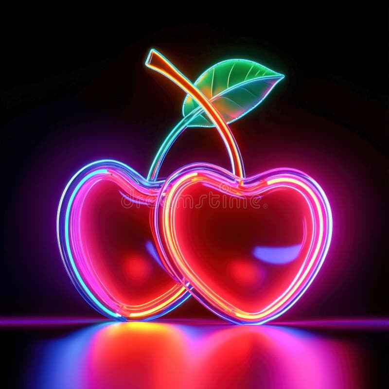 Neon Cherry Hearts on Black Background Stock Illustration ...