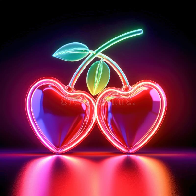 Neon Cherry Hearts on Black Background Stock Illustration ...