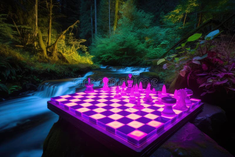 Neon Chess Board in a Serene Setting, with Babbling Brook and Waterfall ...