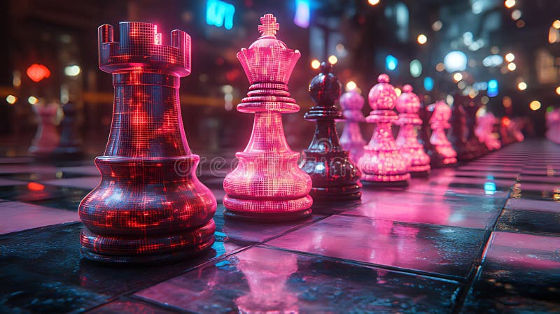 Neon Chess Game, with Pieces in Motion and Sparks Flying Stock ...