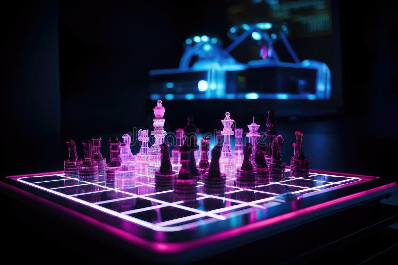Neon Chess Game, with Futuristic Spaceship in the Background and the ...