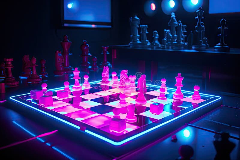 Neon Chess Game with Glowing Pieces in Futuristic Setting Stock ...
