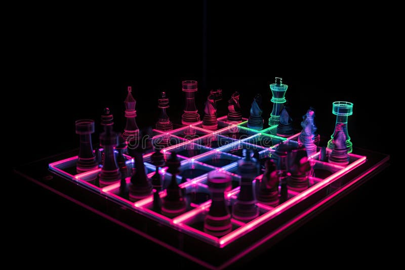 Neon Chess Game, with Pieces in Motion and Sparks Flying Stock ...