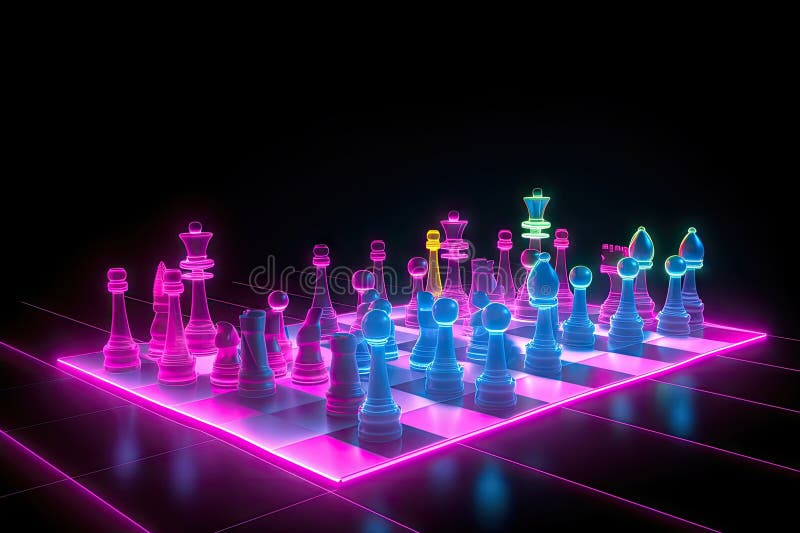 Neon Chess Set in a Dark and Mysterious Room, with Just the Right ...