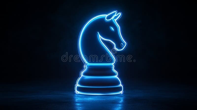 Neon Chess Knight Glowing in Dark Blue Light. Stock Photo - Image of ...