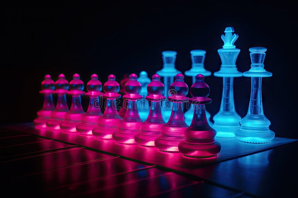 Neon Chess Pieces Set in Motion for Intense Game of Strategy Stock ...