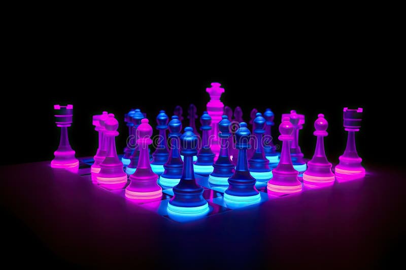 Neon Chess Pieces Set in Motion for Intense Game of Strategy Stock ...