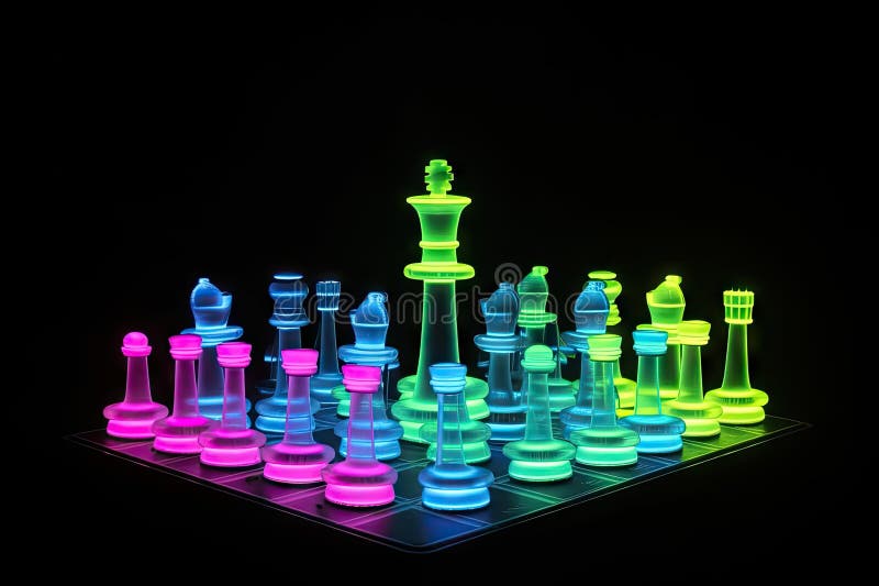 Neon Chess Set Against Black Background for Dramatic Effect Stock Photo ...