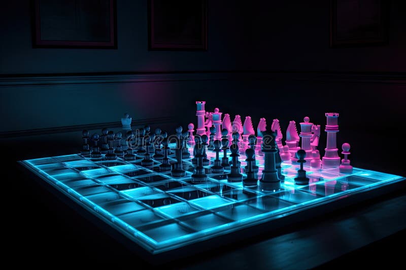 Neon Chess Set in a Dark and Mysterious Room, with Just the Right ...