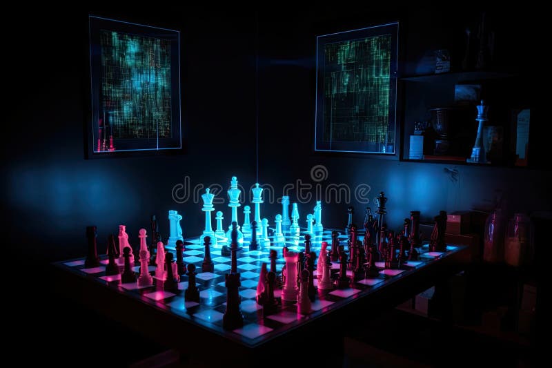 Neon Chess Set in a Dark and Mysterious Room, with Just the Right ...