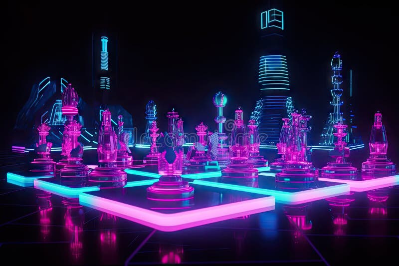 Neon Chess Set in Futuristic Hoverboard Park, with Hovering Vehicles ...