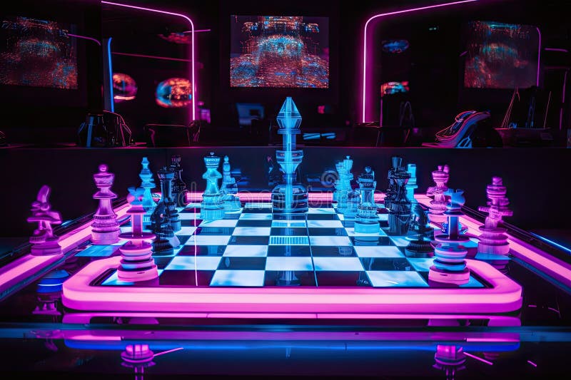 Neon Chess Set on Futuristic Metal Platform, with View of the Stars in ...