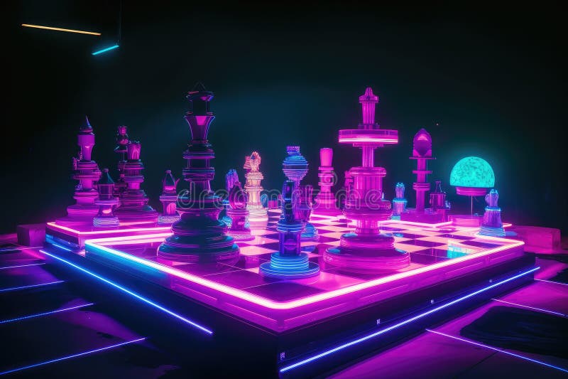 Neon Chess Set in Futuristic Hoverboard Park, with Hovering Vehicles ...