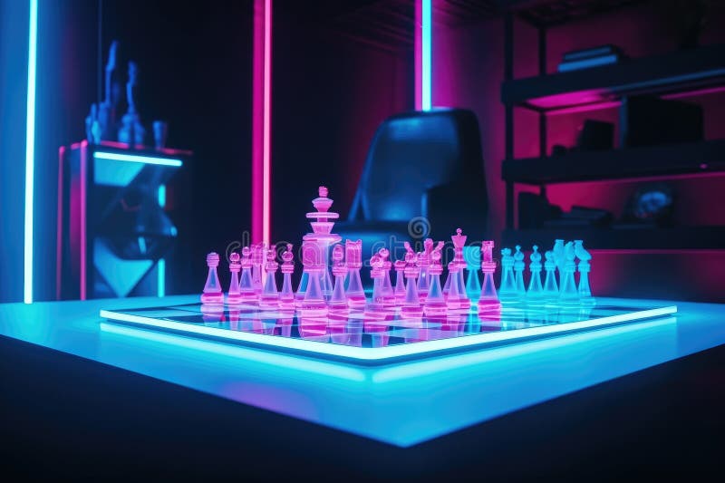 Neon Chess Set on Wooden Table in Futuristic and Futuristic Interior ...