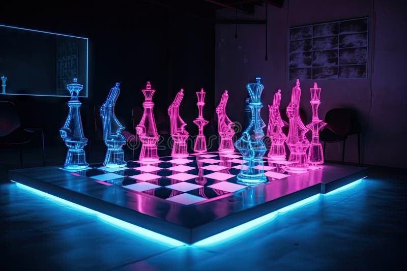Neon Chess Set on Wooden Table in Futuristic and Futuristic Interior ...