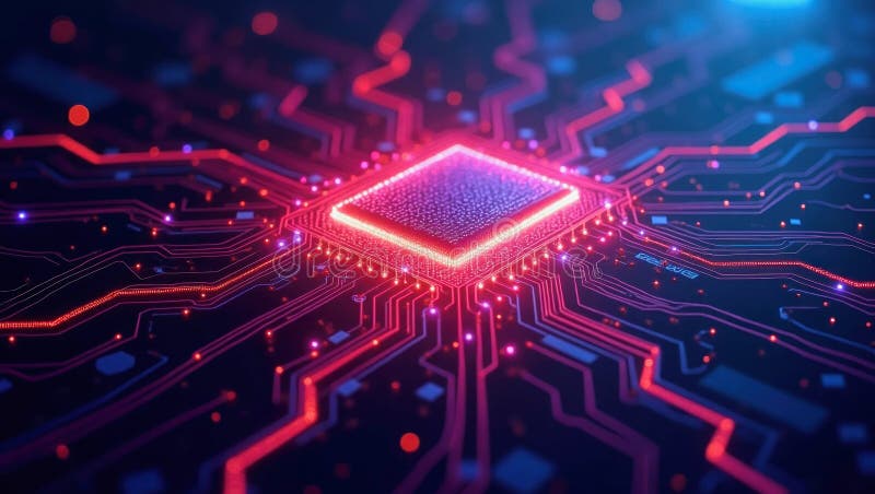 Neon Chip Technology Illumination in a Modern Circuit Design Stock ...