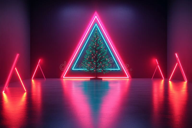 Neon Christmas Tree Centered within Glowing Triangular Light Frames ...