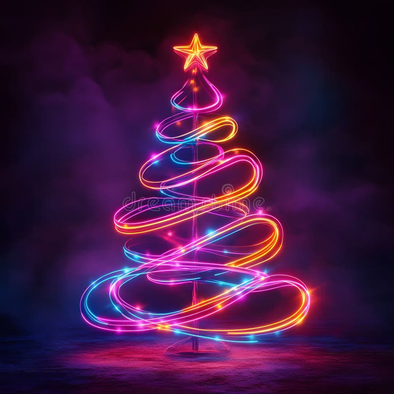 Neon Christmas Tree stock illustration. Illustration of lights - 345064536