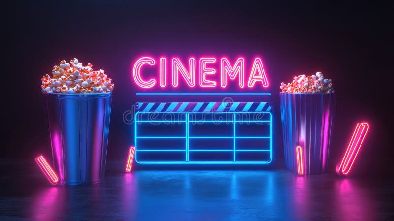 Neon Cinema Sign with Popcorn Buckets and Clapperboard on Dark ...