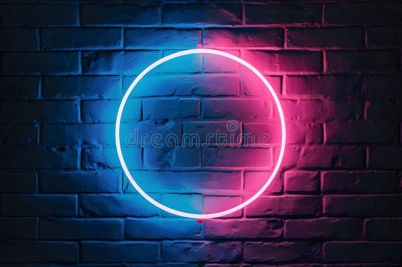 Neon Circle on Brick Wall, Blue and Pink Split, Creates Striking ...