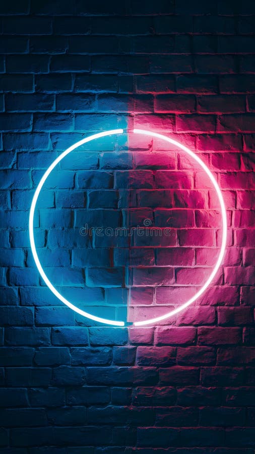 Neon Circle on Brick Wall, Blue and Pink Split, Creates Striking ...