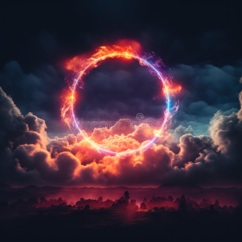 Neon Circle in a Clouds. Neon Light Geometric Objects Stock ...
