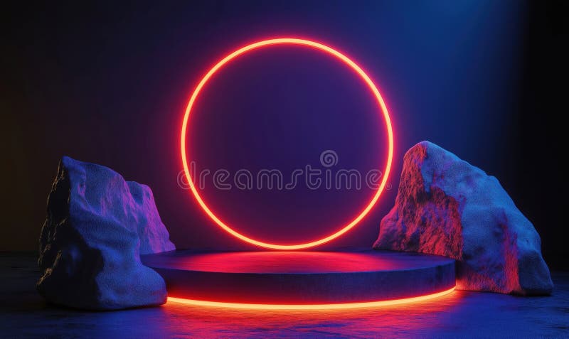 Neon Circle Display with Rocks in Dark Environment for Modern Art ...