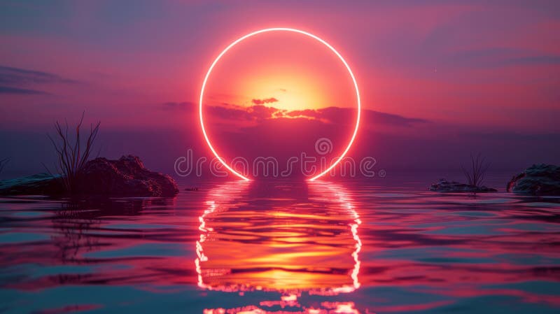 Neon Circle Glowing Over Tranquil Water at Sunset Stock Image - Image ...