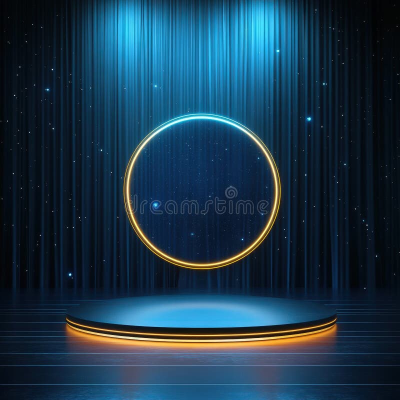 Neon Circle and Illuminated Stage Podium on Blue Curtain Background ...