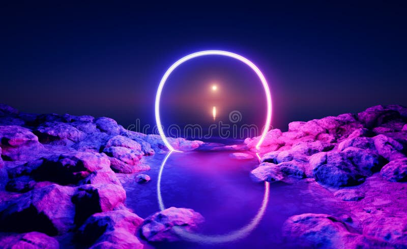Neon Circle Light in Rocks and Ocean at Night. Stock Illustration ...