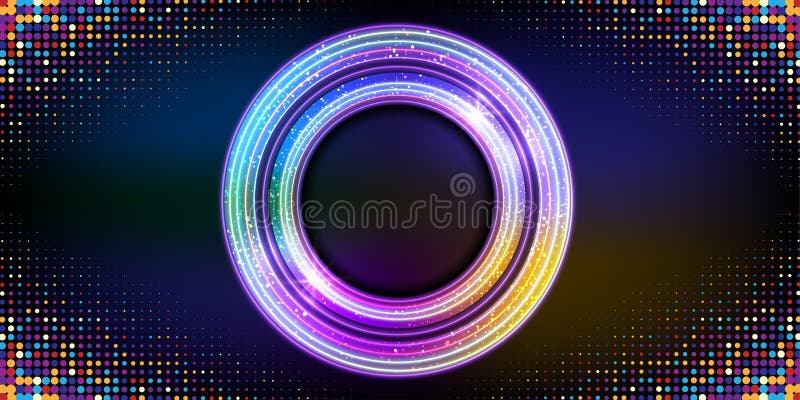 Neon Circle with Particles.Electric Round Frame.Disco Banner with ...