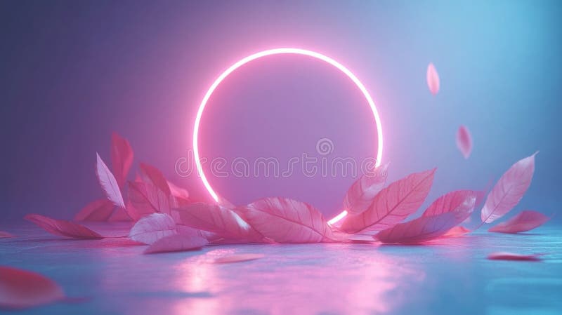 Neon Circle with Pink Leaves on Reflective Surface Stock Image - Image ...