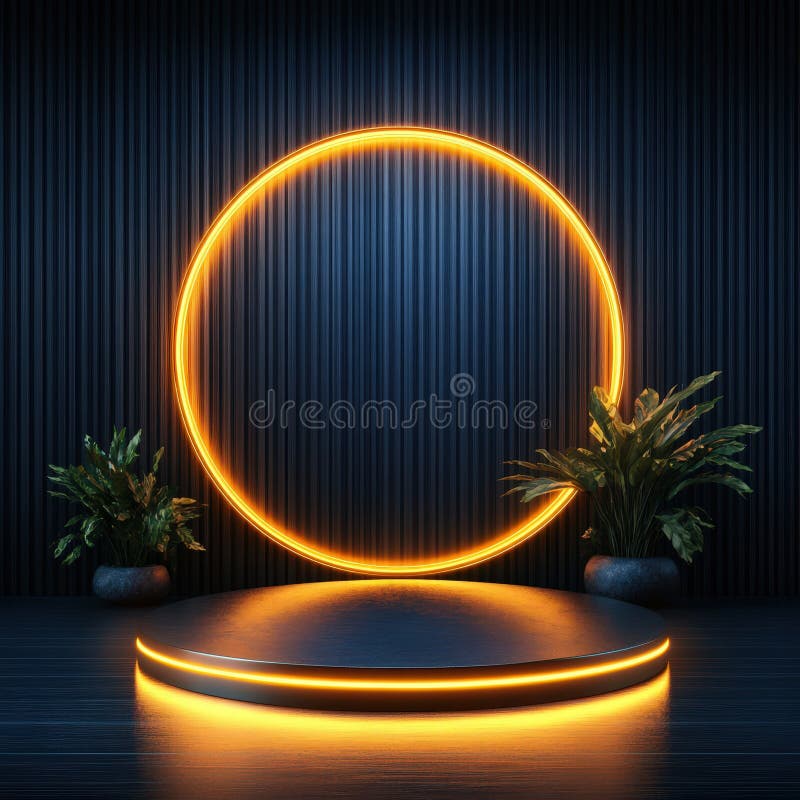 Neon Circle Product Display with Plants. Stock Illustration ...