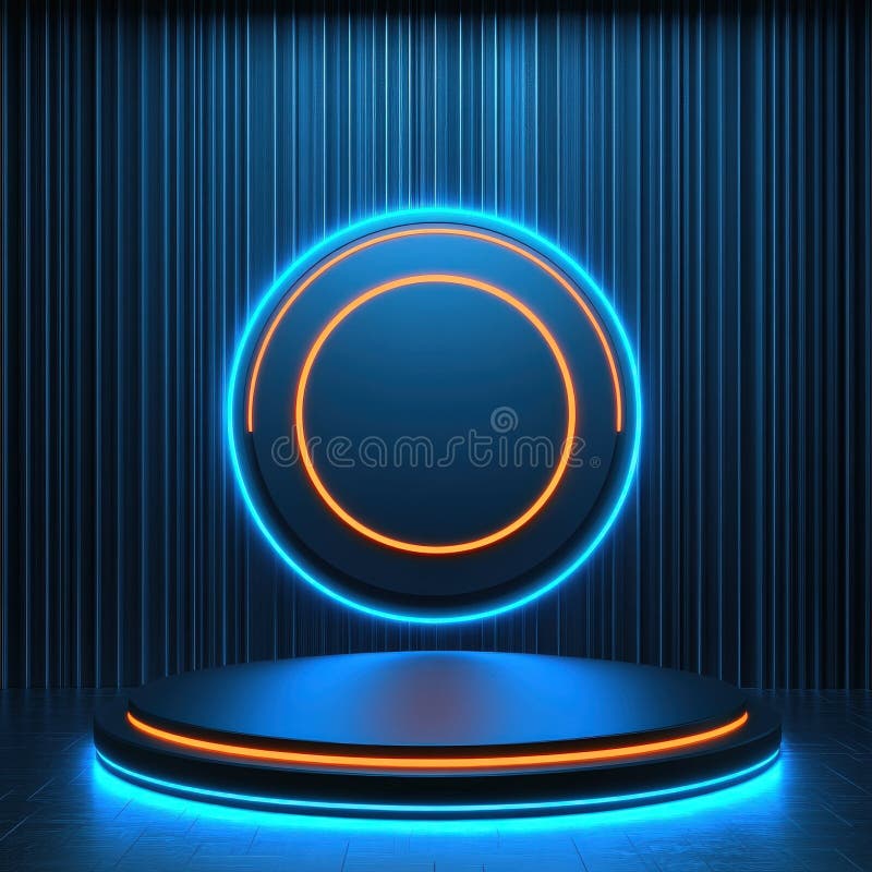 Neon Circle Stage with Blue and Orange Glowing Lights. Stock ...