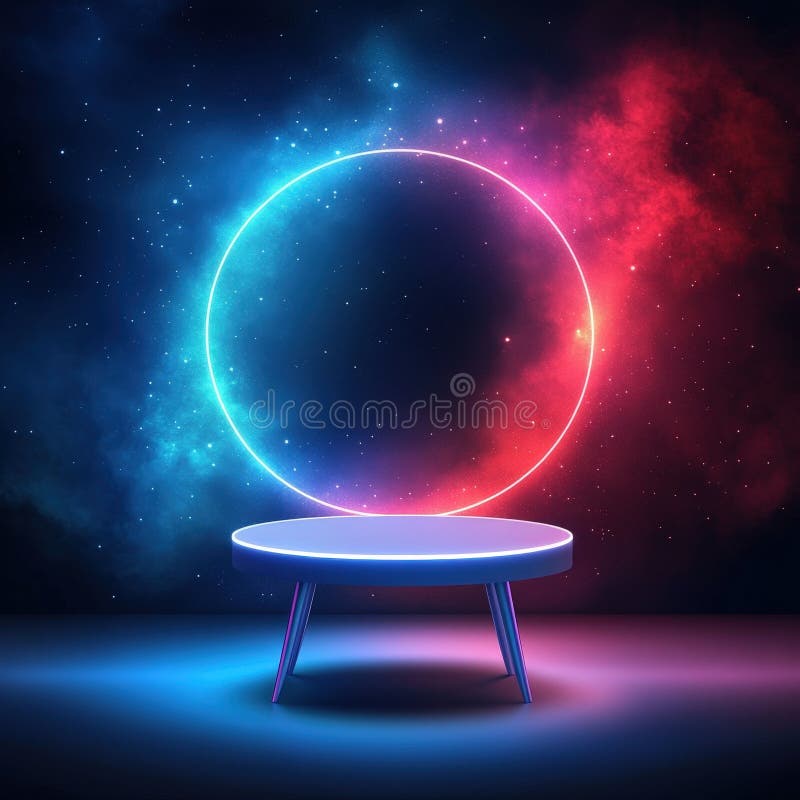 Neon Circle and Table in a Cosmic Setting. Stock Illustration ...