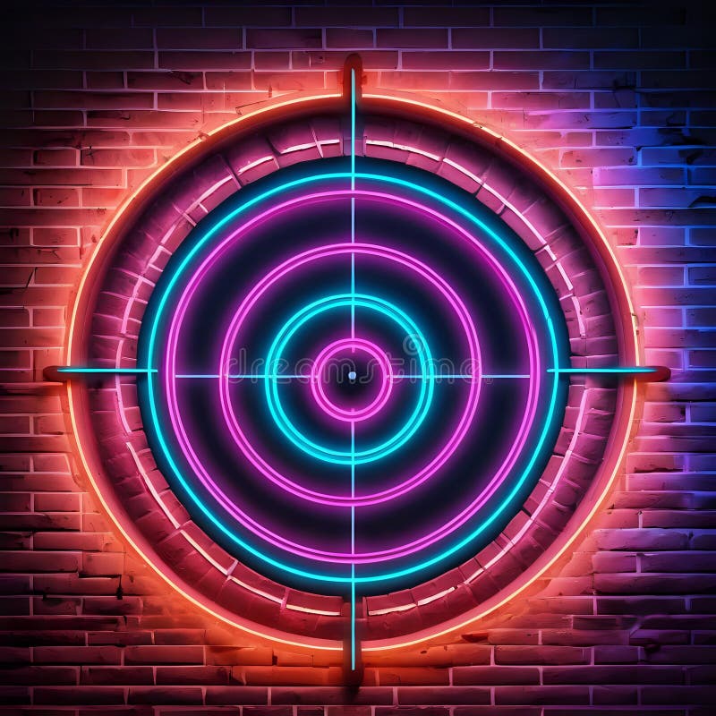Neon Circle Target Dart Lighting on a Textured Brick Wall Background ...